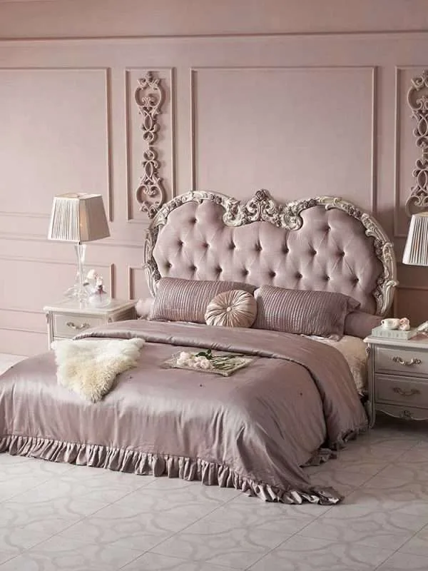 french style pink handmade Carving rose wooden bed frame